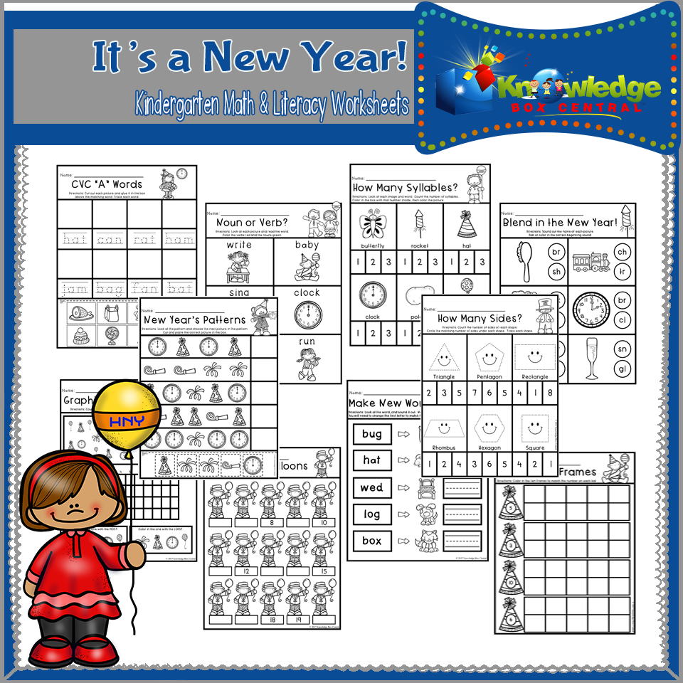 New Year's Kindergarten Math & Literacy Worksheets – Knowledge Box Central