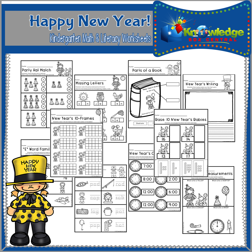 New Year's Kindergarten Math & Literacy Worksheets – Knowledge Box Central