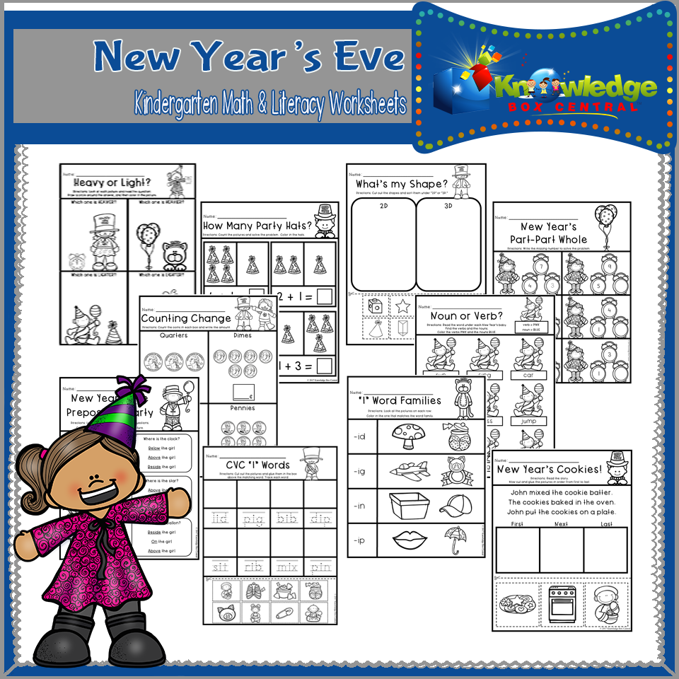 New Year's Kindergarten Math & Literacy Worksheets – Knowledge Box Central